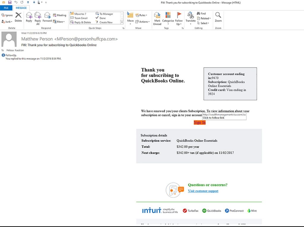 PHISHING ALERT: Fake QuickBooks Email | Person CPA Group